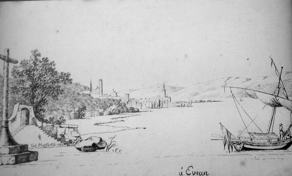 Vue d'Evian par Carl Hackert 1783 un batelet à promenade et peut-être ...